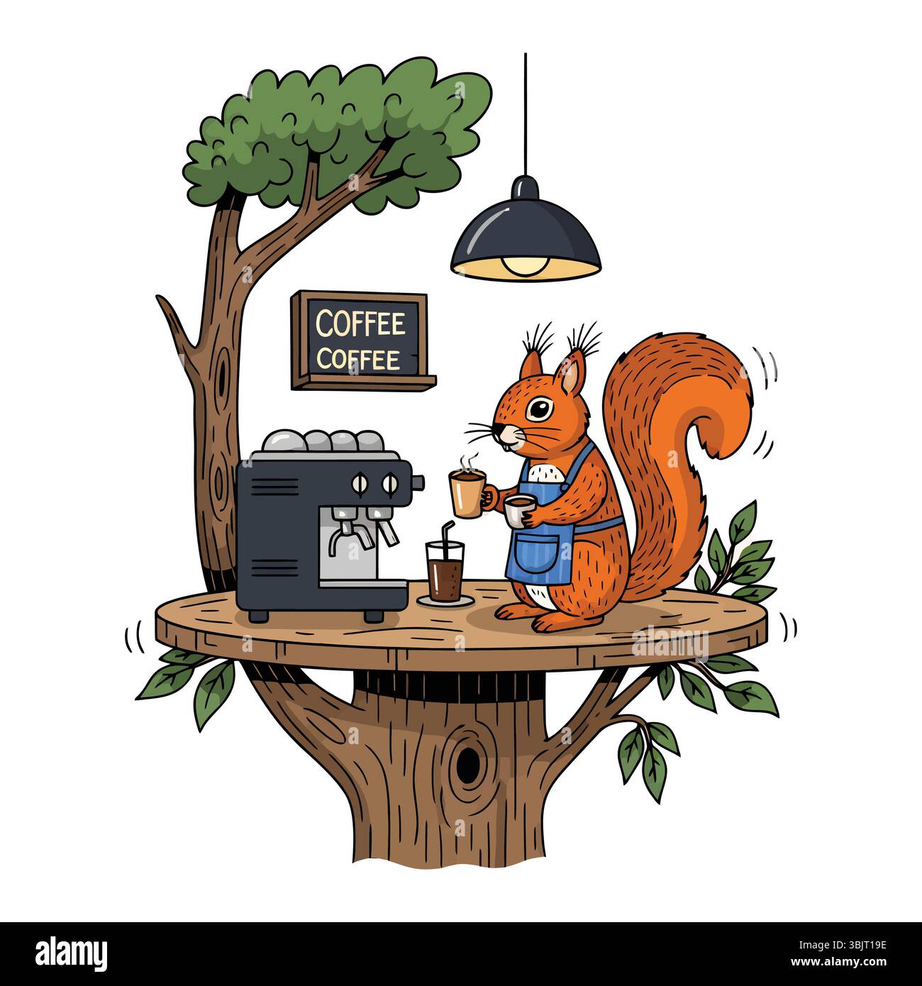 A charming illustration of a squirrel barista preparing and serving ...