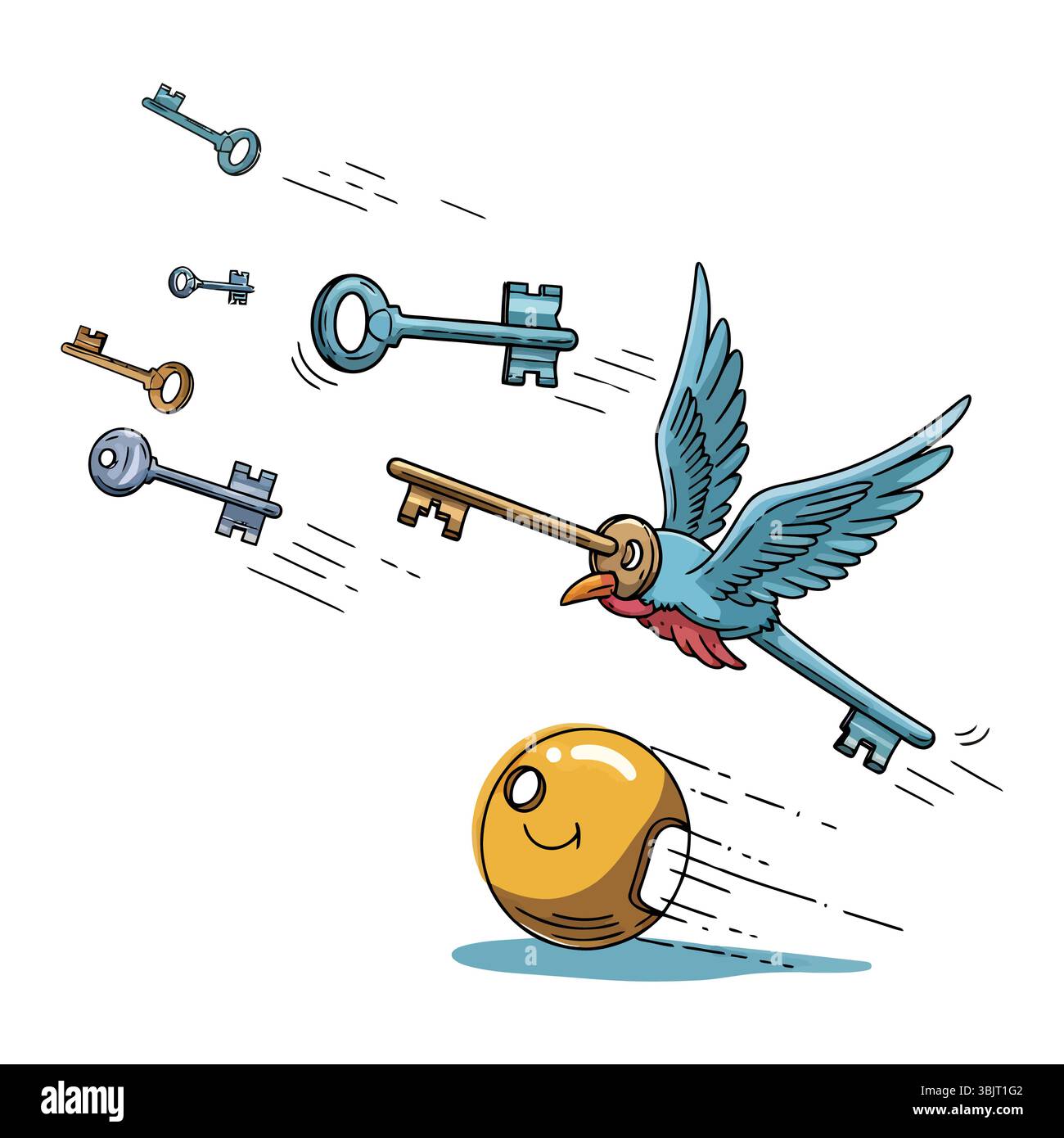 A cartoon bird with wings is flying with keys, and a smiley face ball ...