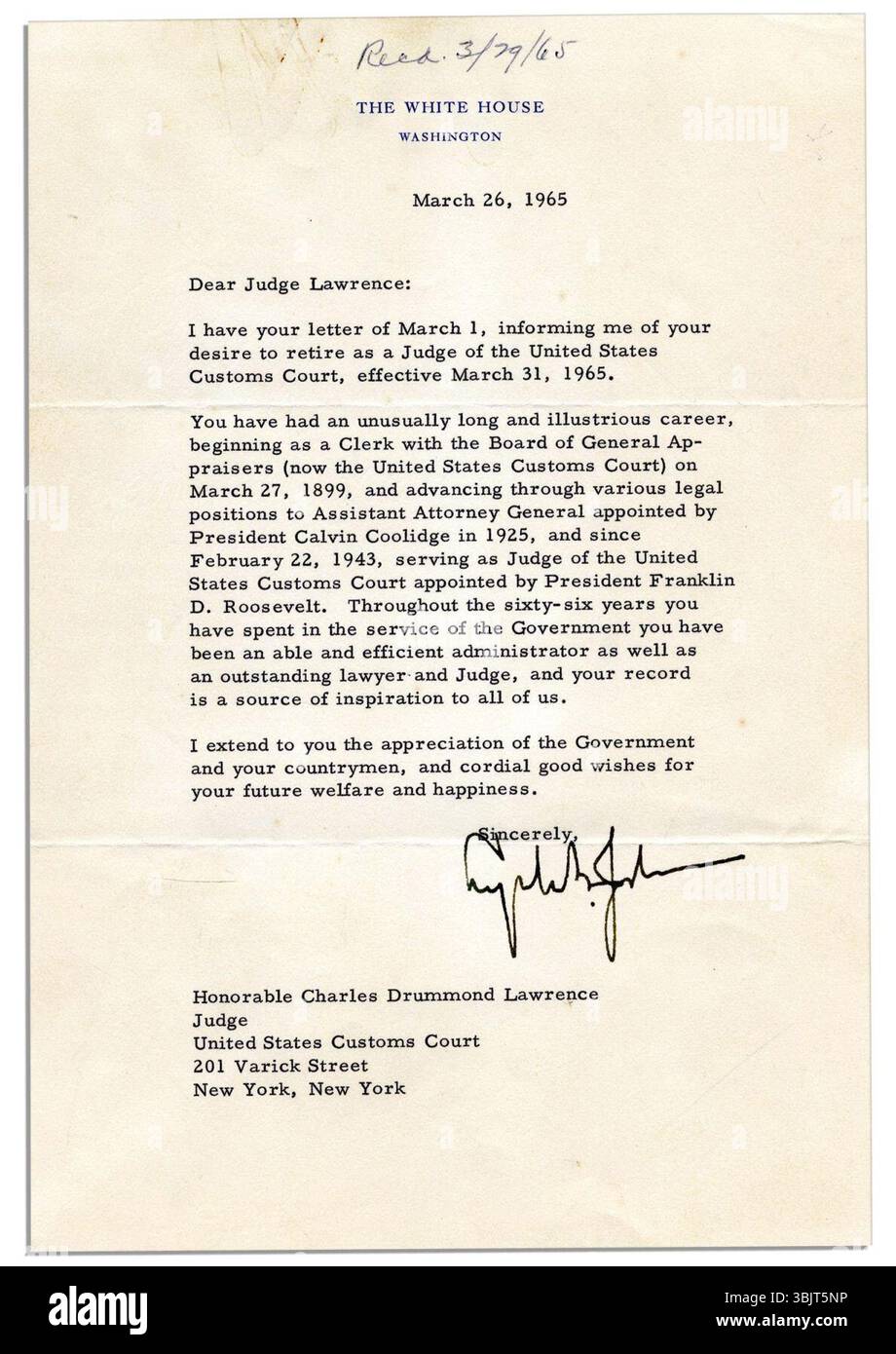LBJ letter to Judge Lawrence Stock Photo - Alamy