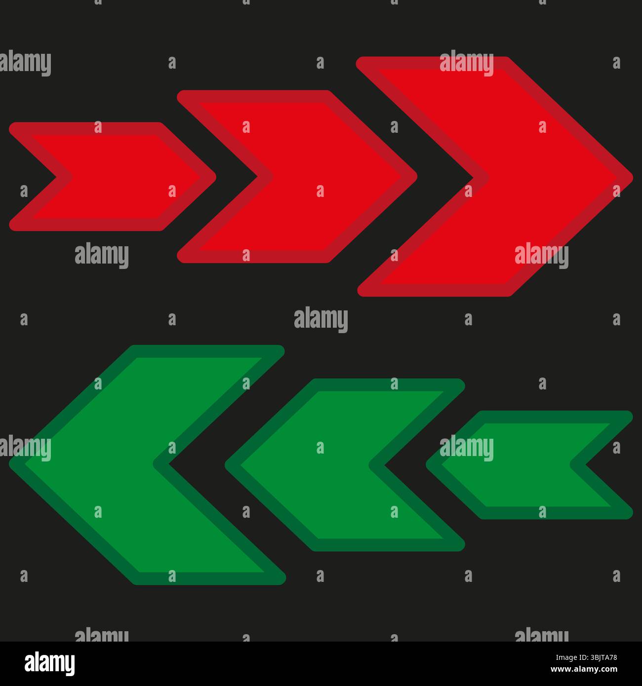 Colored arrow symbols. Red green chevrons. Vector direction indicators ...