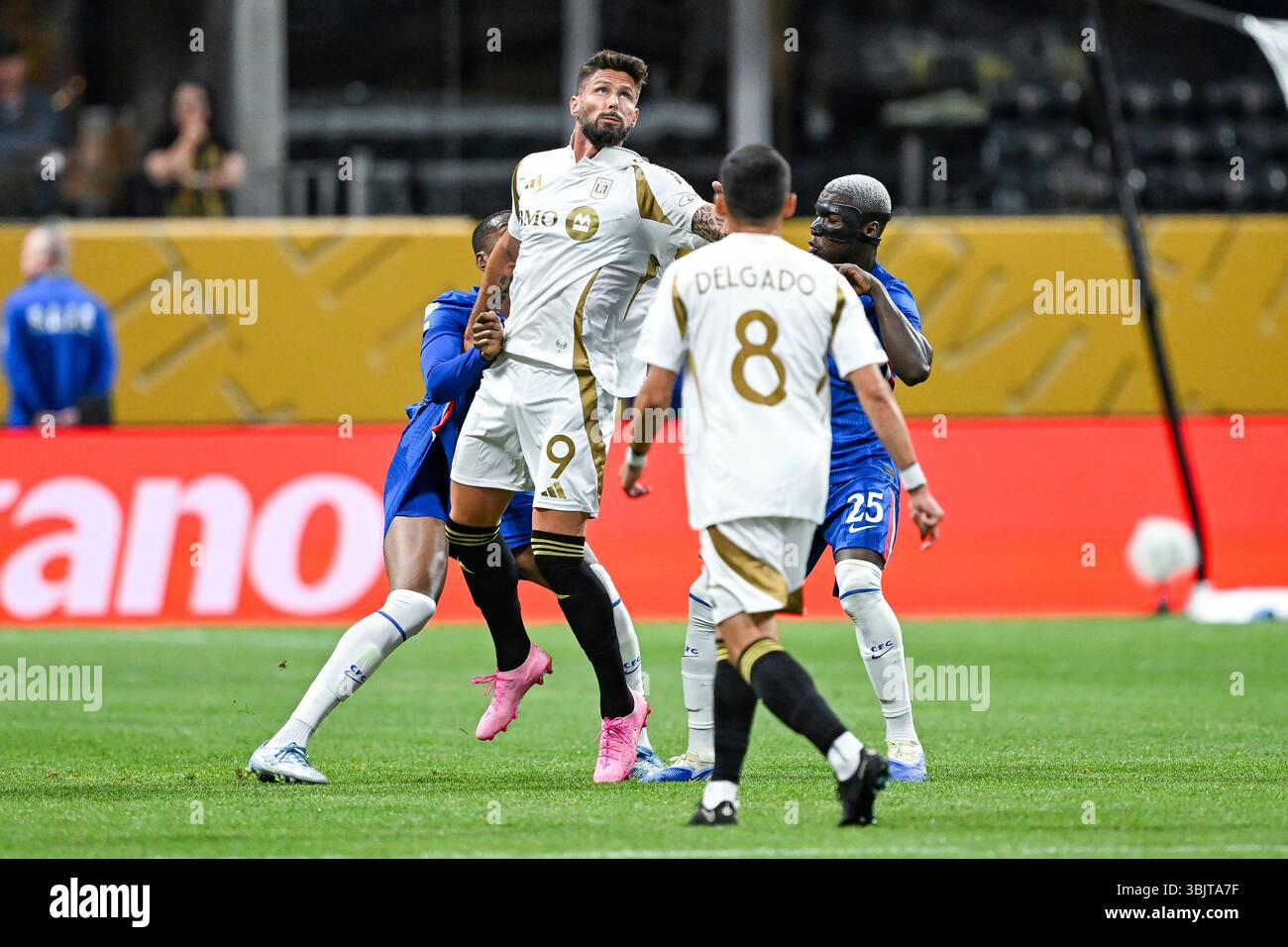 ATLANTA, GA – JUNE 16: Olivier Giroud #9 of LAFC goes up for a header ...