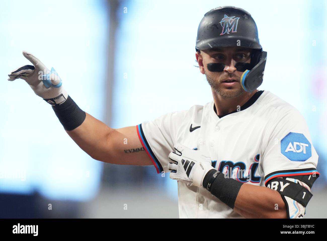 Miami Marlins' Connor Norby reacts after hitting a RBI single to score ...