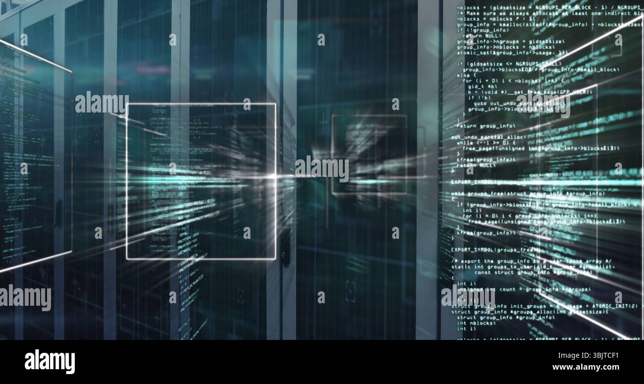Server cabinets displaying streaming code overlays in data center, with floating wireframe ...