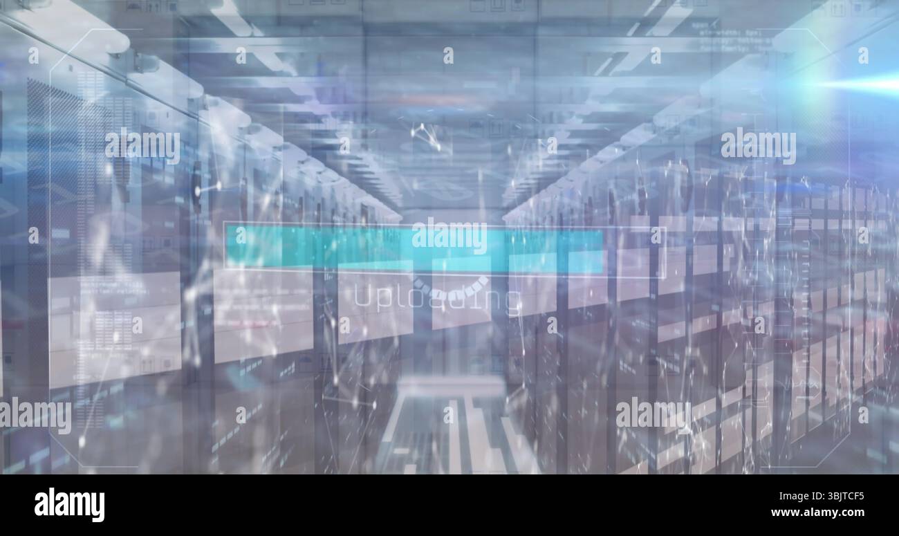 Displaying server cabinets with LED status panels in data center aisle, with uploading progress ...
