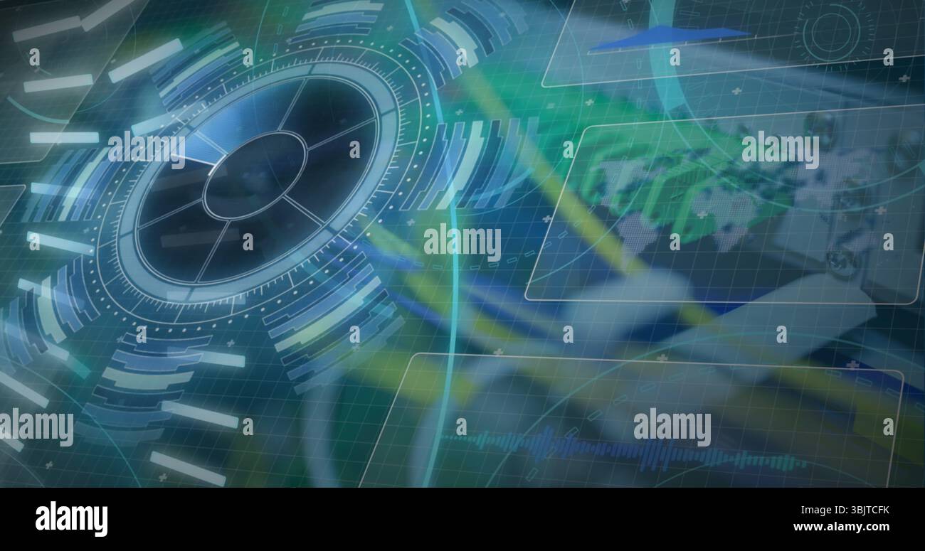 Rotating circular HUD element within virtual grid, with segmented rings and data panels, copy ...