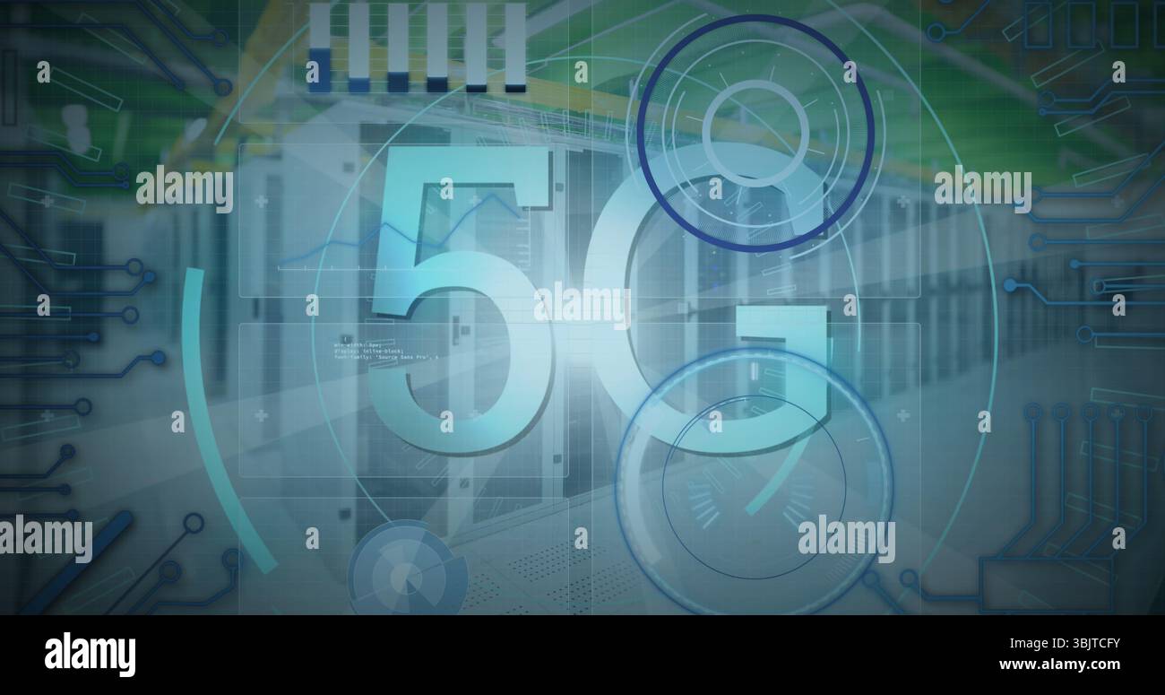 Displaying 5G text with circular HUD overlay in data center, with ...