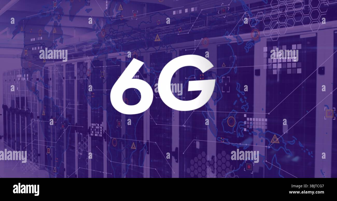 Bold white 6G overlay glowing over server racks in high-tech data ...