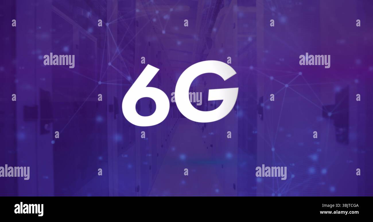 Centered white 6G text floating in purple server corridor, with server ...