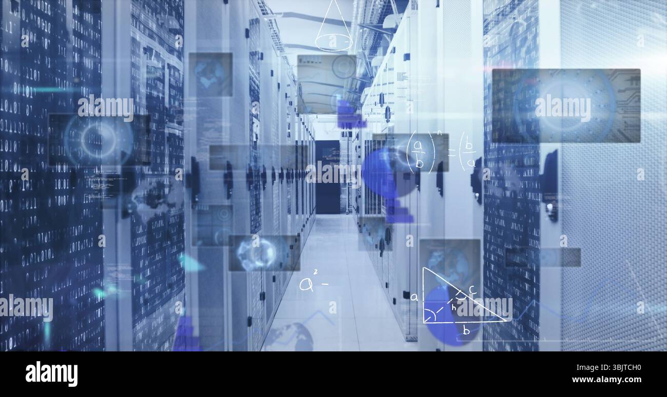 Showing server room hallway with server racks, cable trays and ducts, and floating digital ...