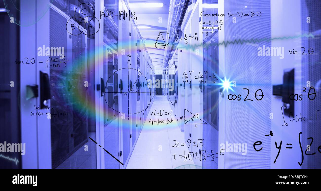 Glowing data center corridor revealing server racks with LED lights and ...