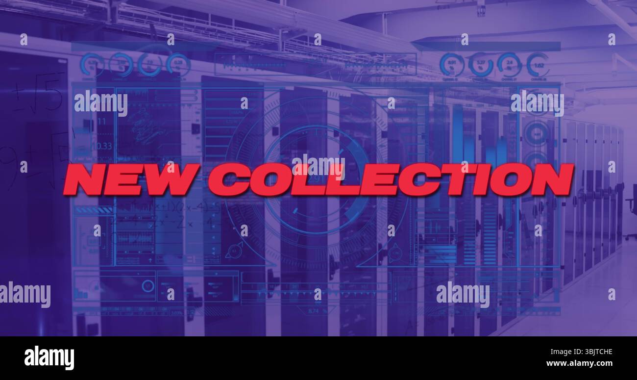 Displaying bold red text reading NEW COLLECTION in server room, with ...