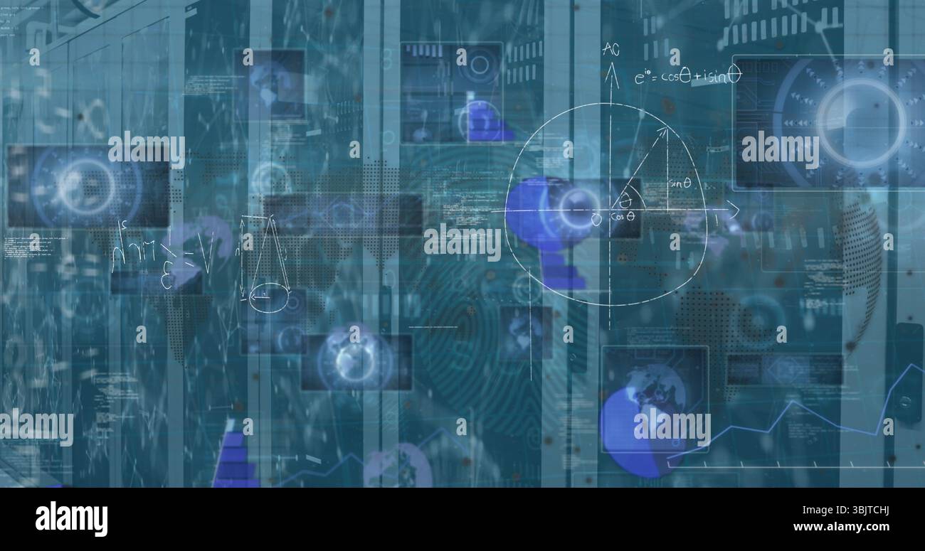 Displaying holographic interface showing code flow, network nodes over server racks at data ...