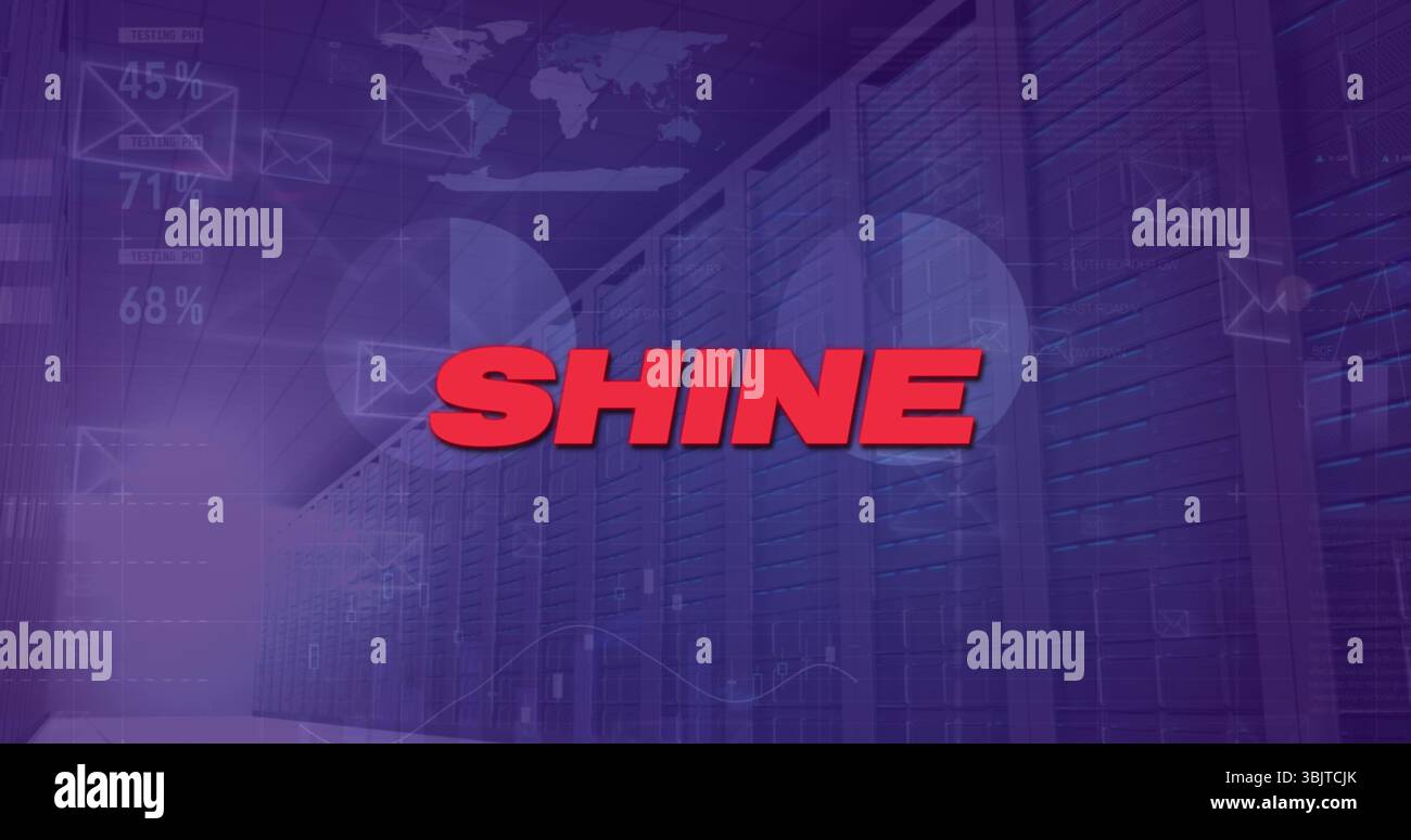 Bold red SHINE shining in data center corridor, with server racks ...