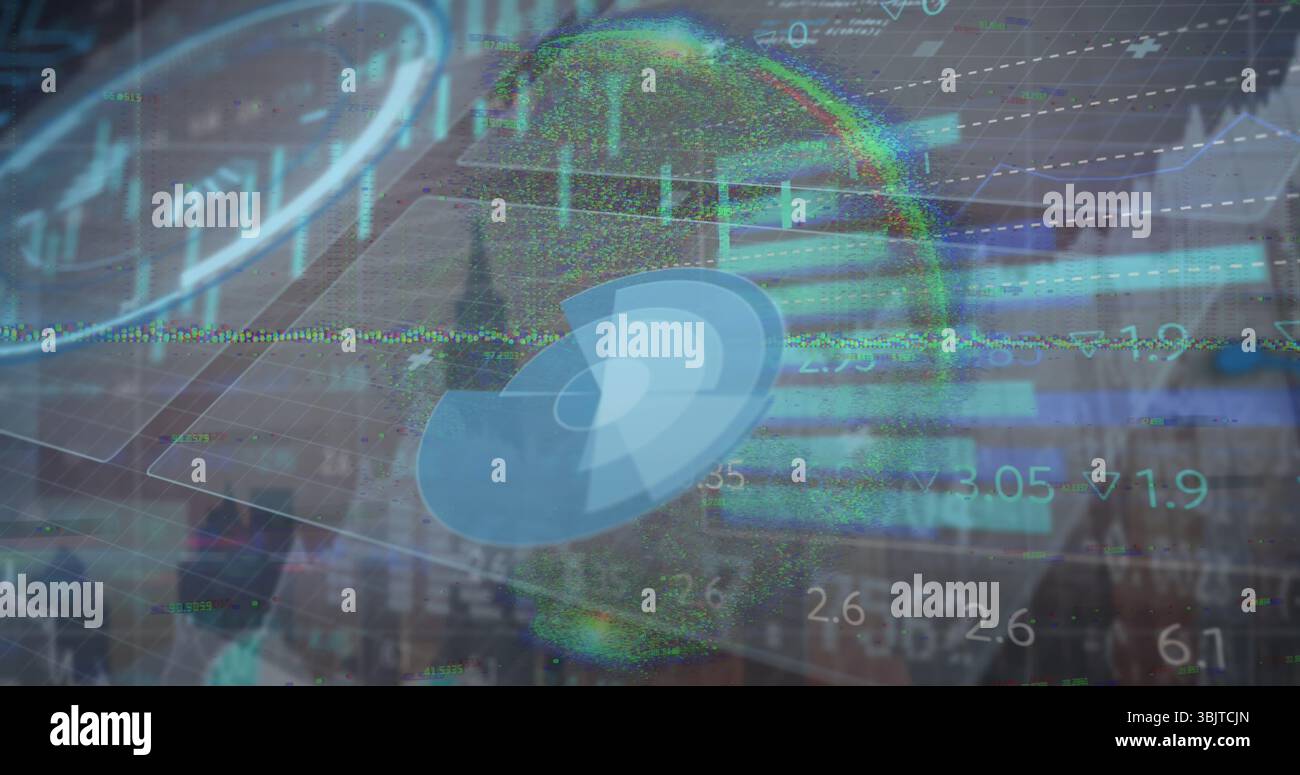 Rotating hologram spherical ring chart in office displaying gauge, bar ...