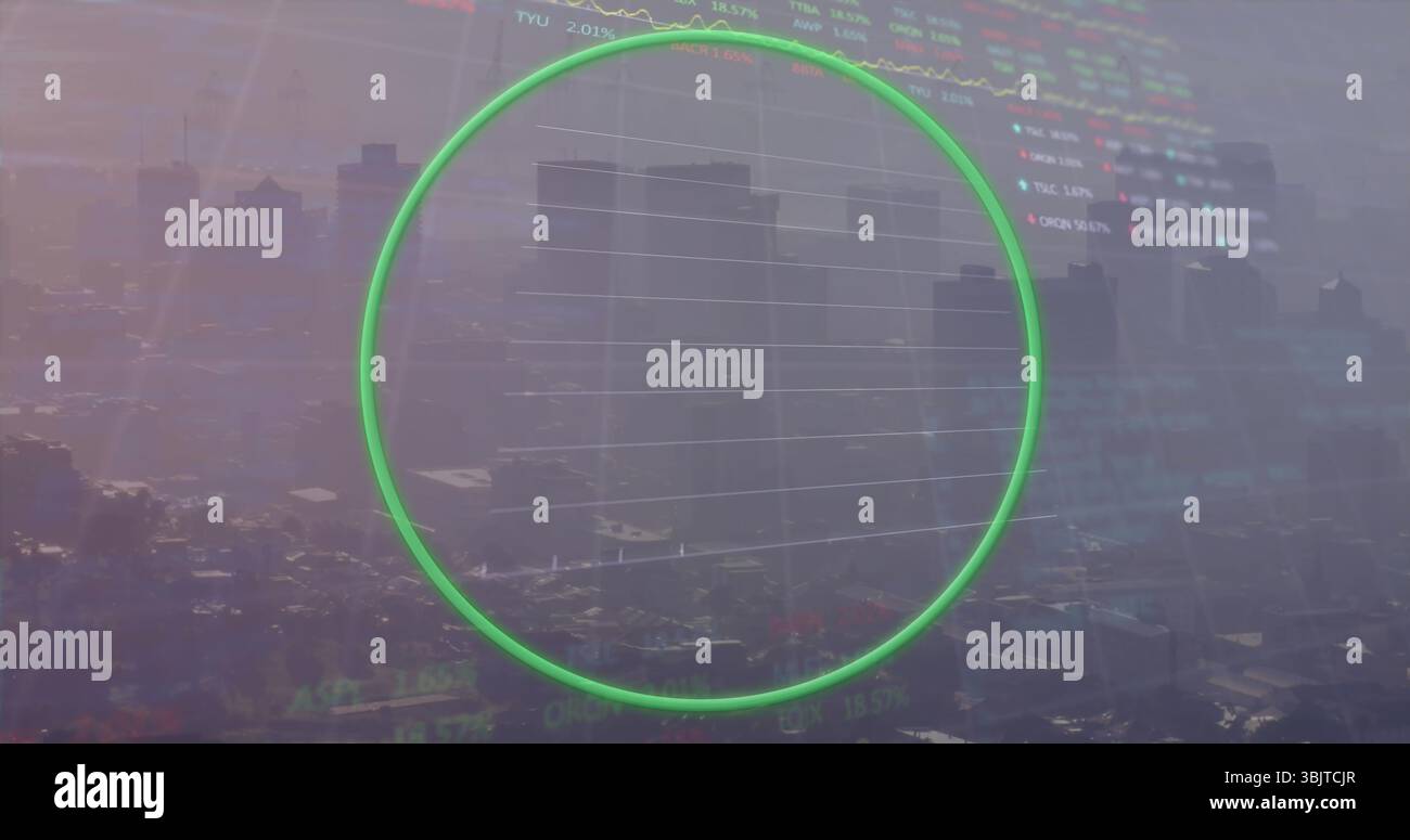 Displaying green circular chart overlay at hazy urban skyline, with ...