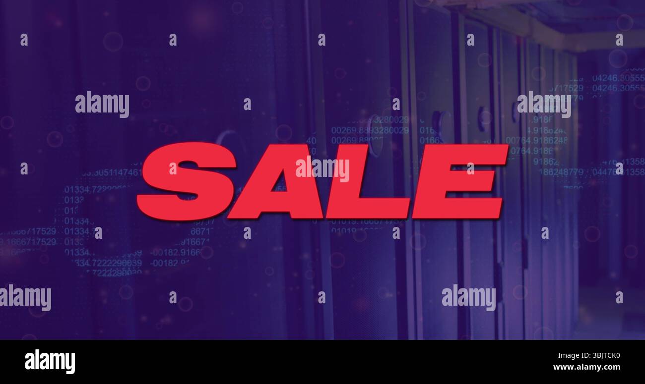 Displaying bold red SALE text floating over data-center corridor, with ...