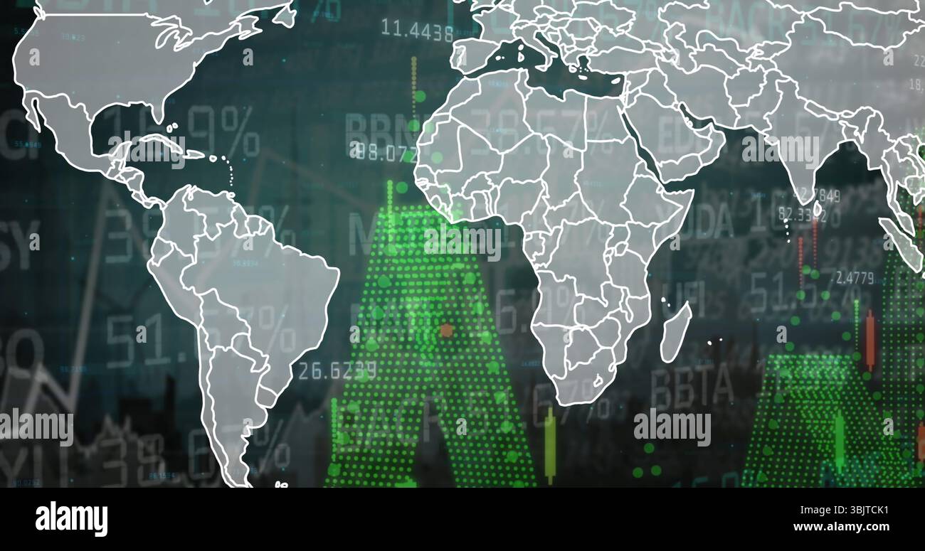 Displaying outlined world map overlaying virtual trading interface, showing financial data ...