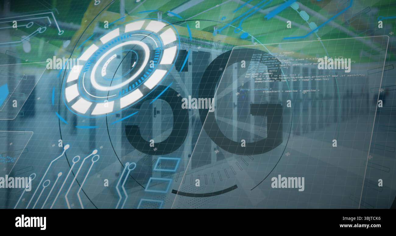 Displaying 5G logo and HUD ring graphic overlaying data center racks, with circuit traces and ...