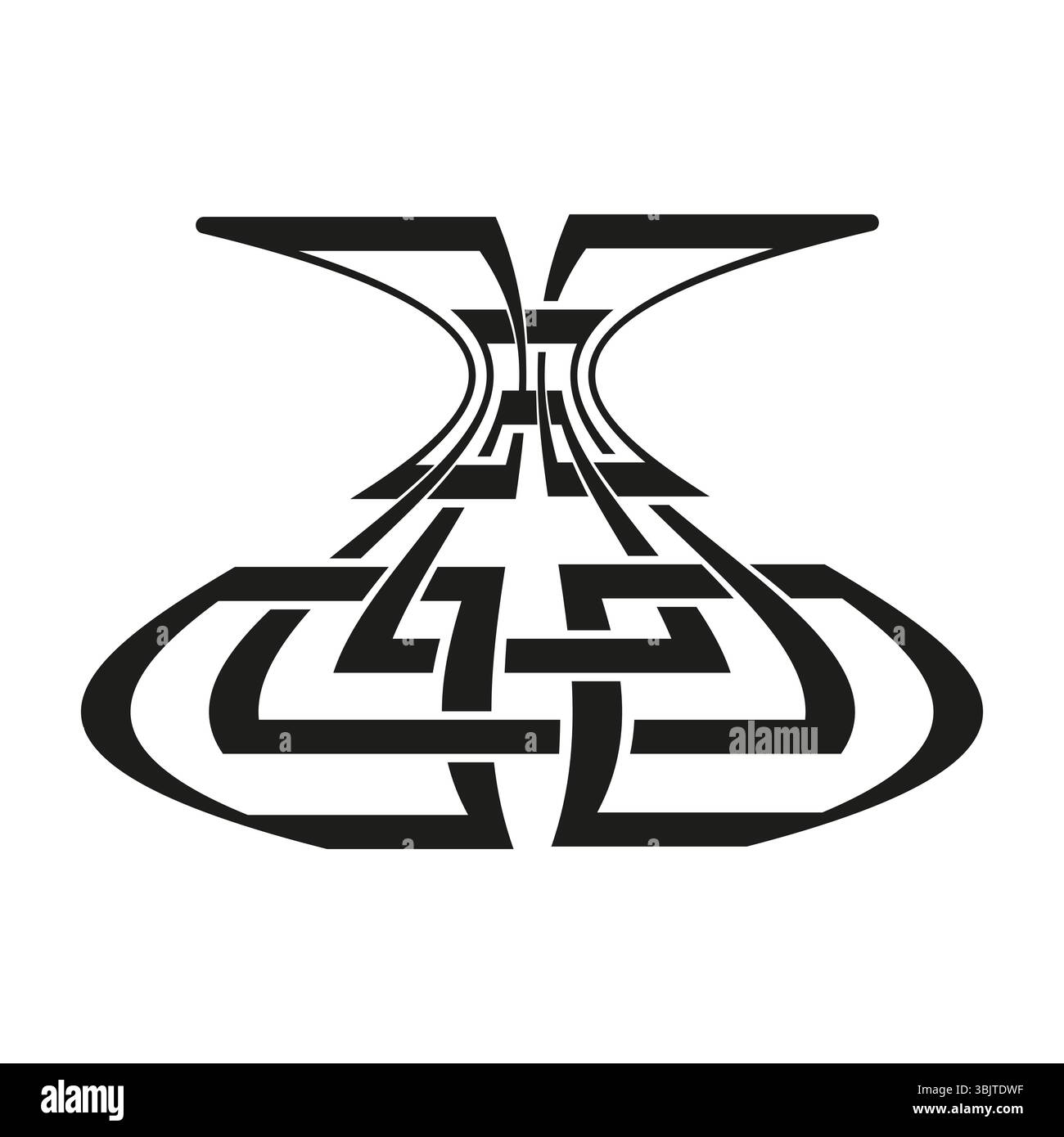 Monochrome maze shape. Twisted tunnel figure. Bold path vector. Curved ...