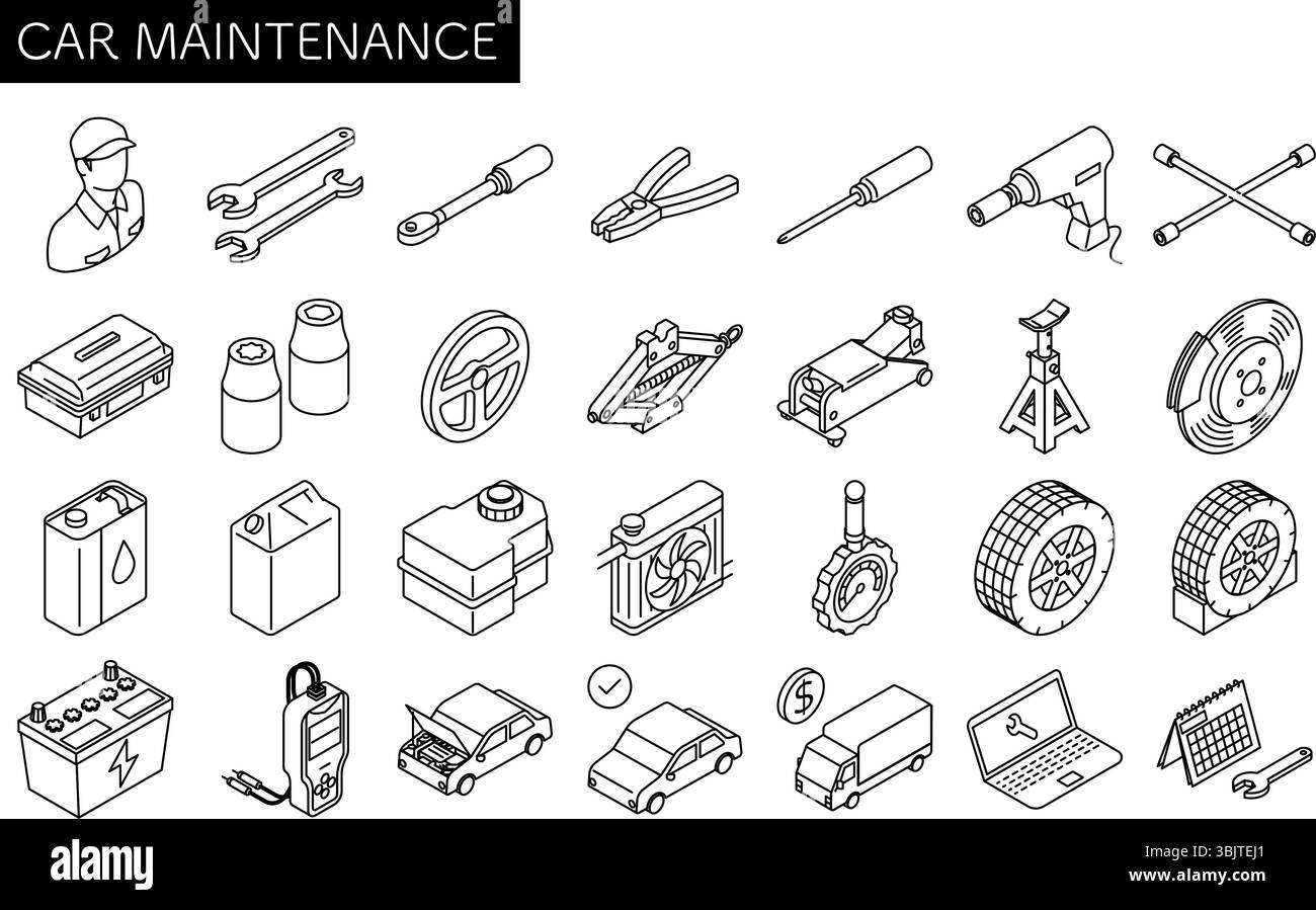 Simple and cute line drawing icon of automobile maintenance, isometric ...