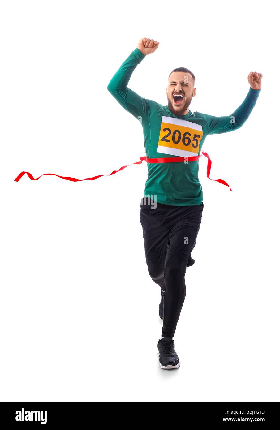 Male runner winning marathon on white background Stock Photo - Alamy