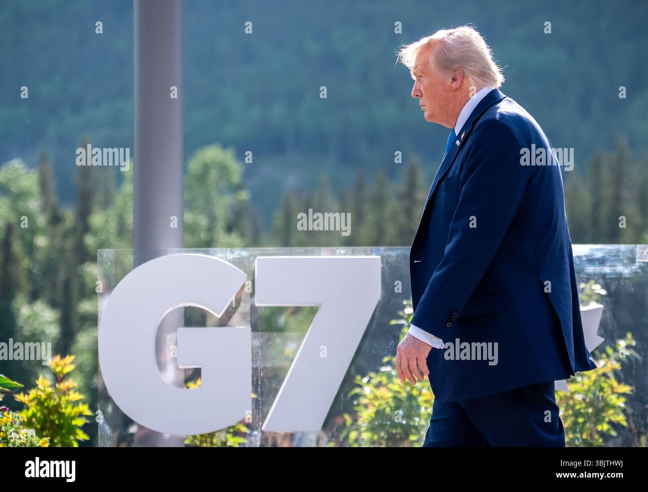 Kananaskis, Canada. 16th June, 2025. US President Donald Trump walks to ...