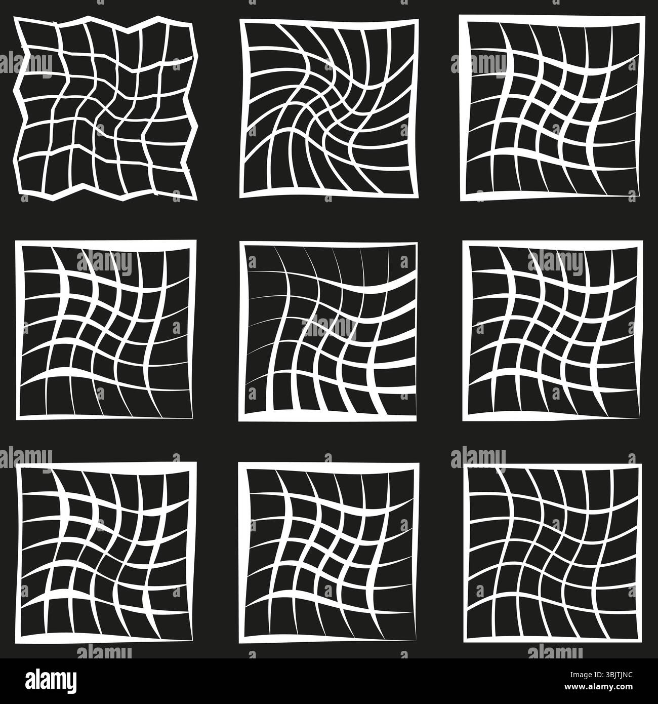 Deformed net vector. Warped grid layout. Optical illusion shape. Black ...