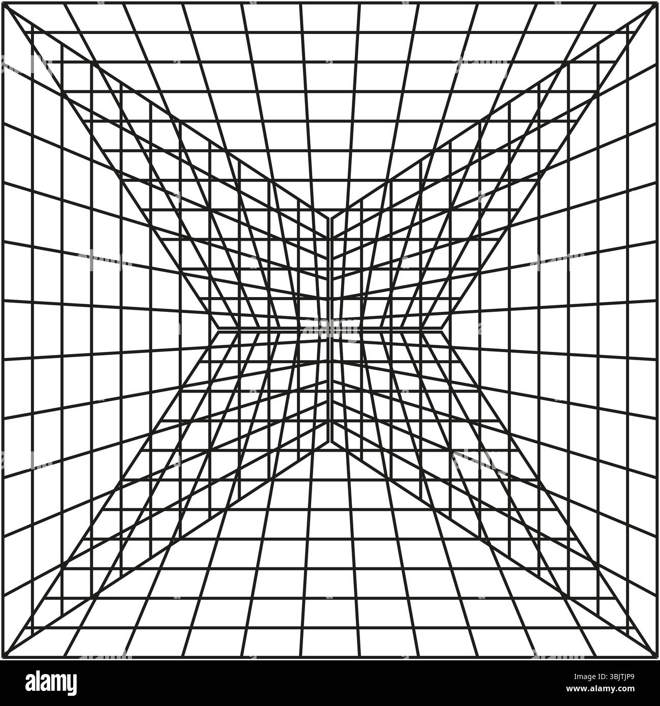 Geometric grid box. Perspective wireframe view. Black linear depth ...