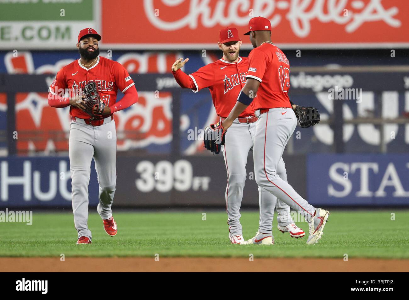 Los Angeles Angels' Jo Adell, left, Taylor Ward, center, and Jorge ...