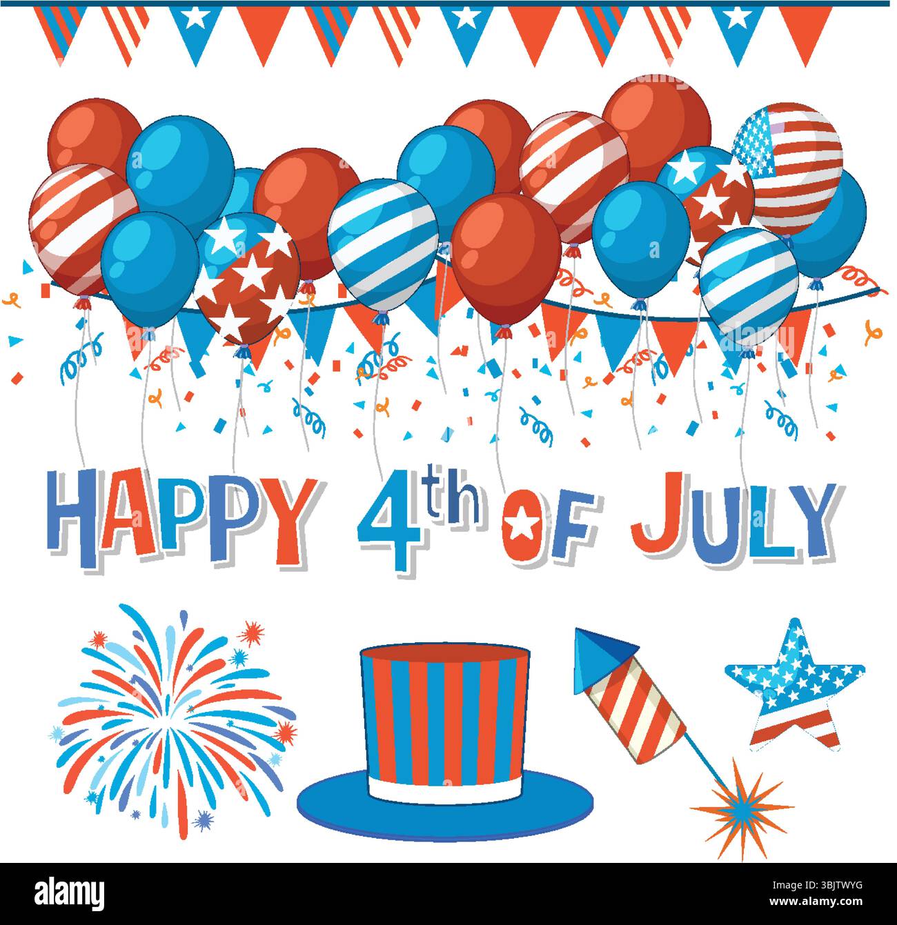 Colorful balloons, fireworks, and patriotic symbols in red, white, and ...