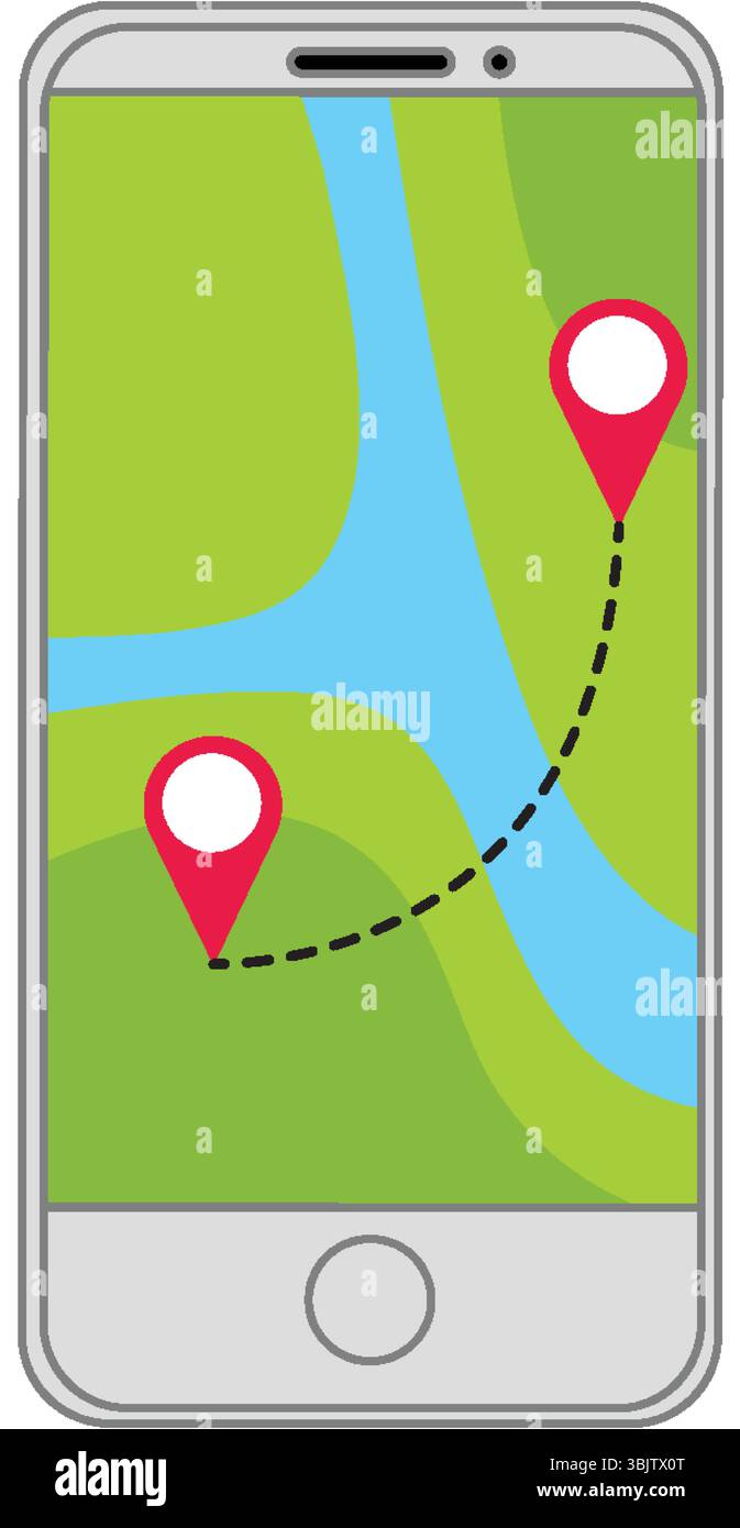 Vector illustration of a smartphone displaying a map with location pins ...