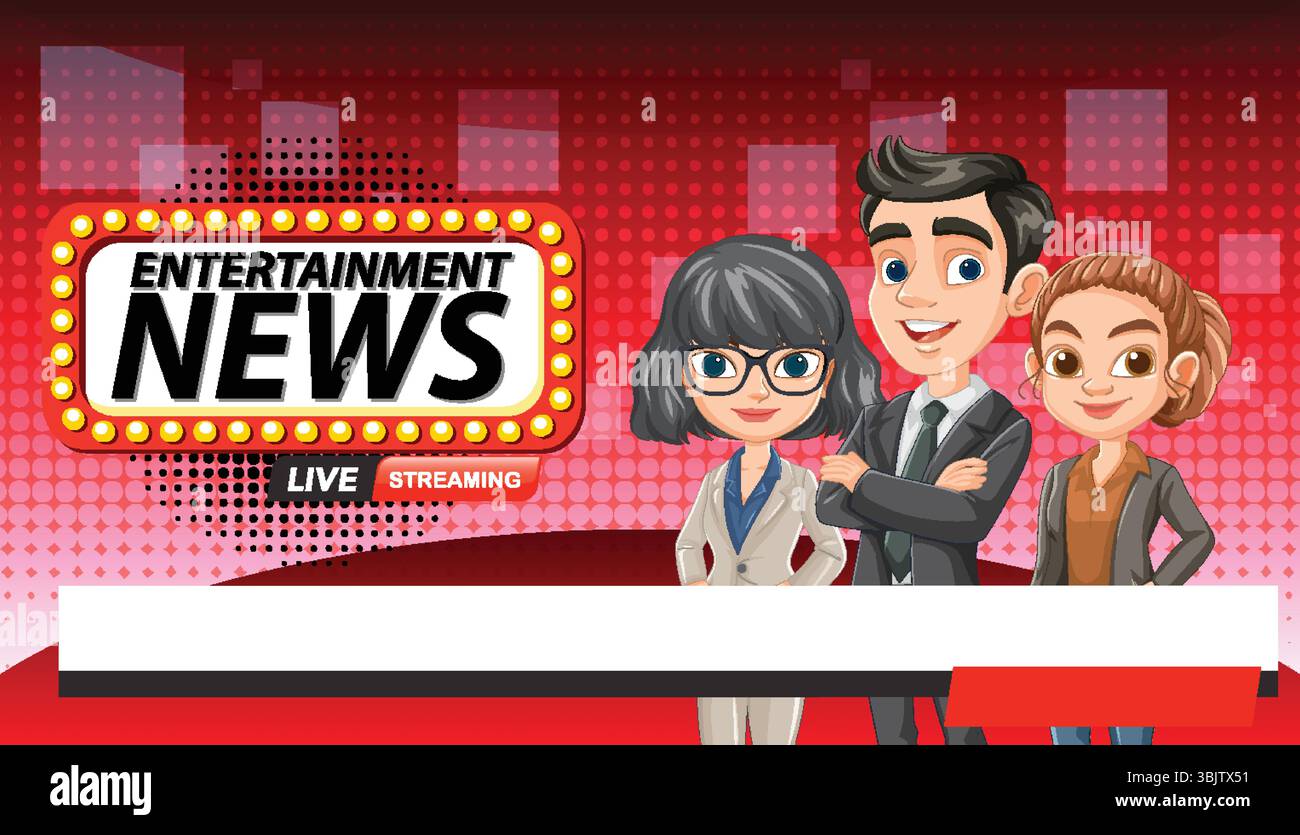 Vector illustration of animated news anchors on a vibrant red ...
