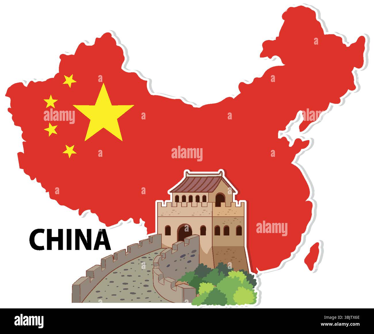 Vector illustration of China map with Great Wall, featuring bold colors ...