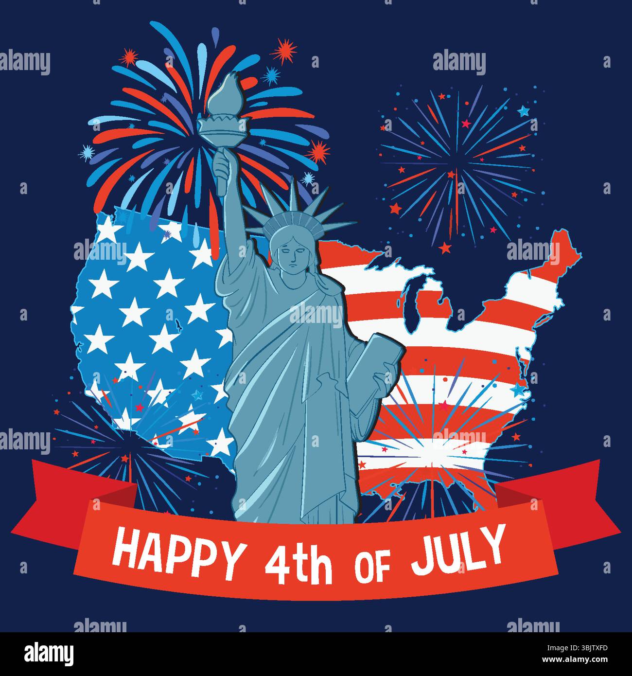 Vector illustration of the Statue of Liberty with fireworks and USA map ...
