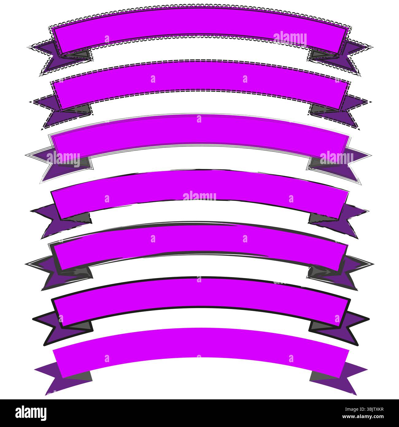 Curved ribbon banner. Violet flag icon. Folded vector strip. Layered ...