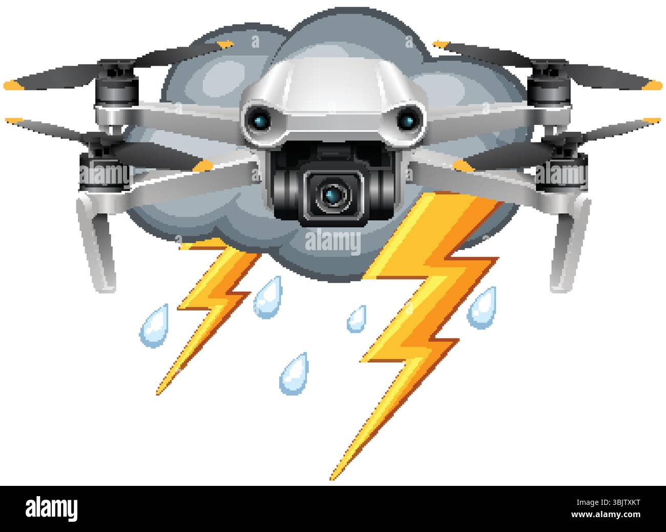 Vector illustration of a drone flying through storm clouds with ...