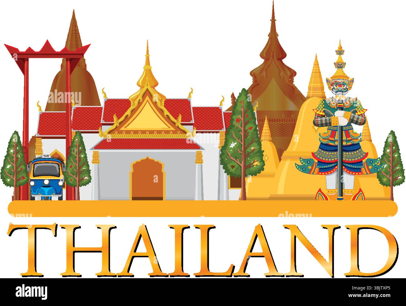 Colorful vector illustration of iconic Thai landmarks, featuring ...