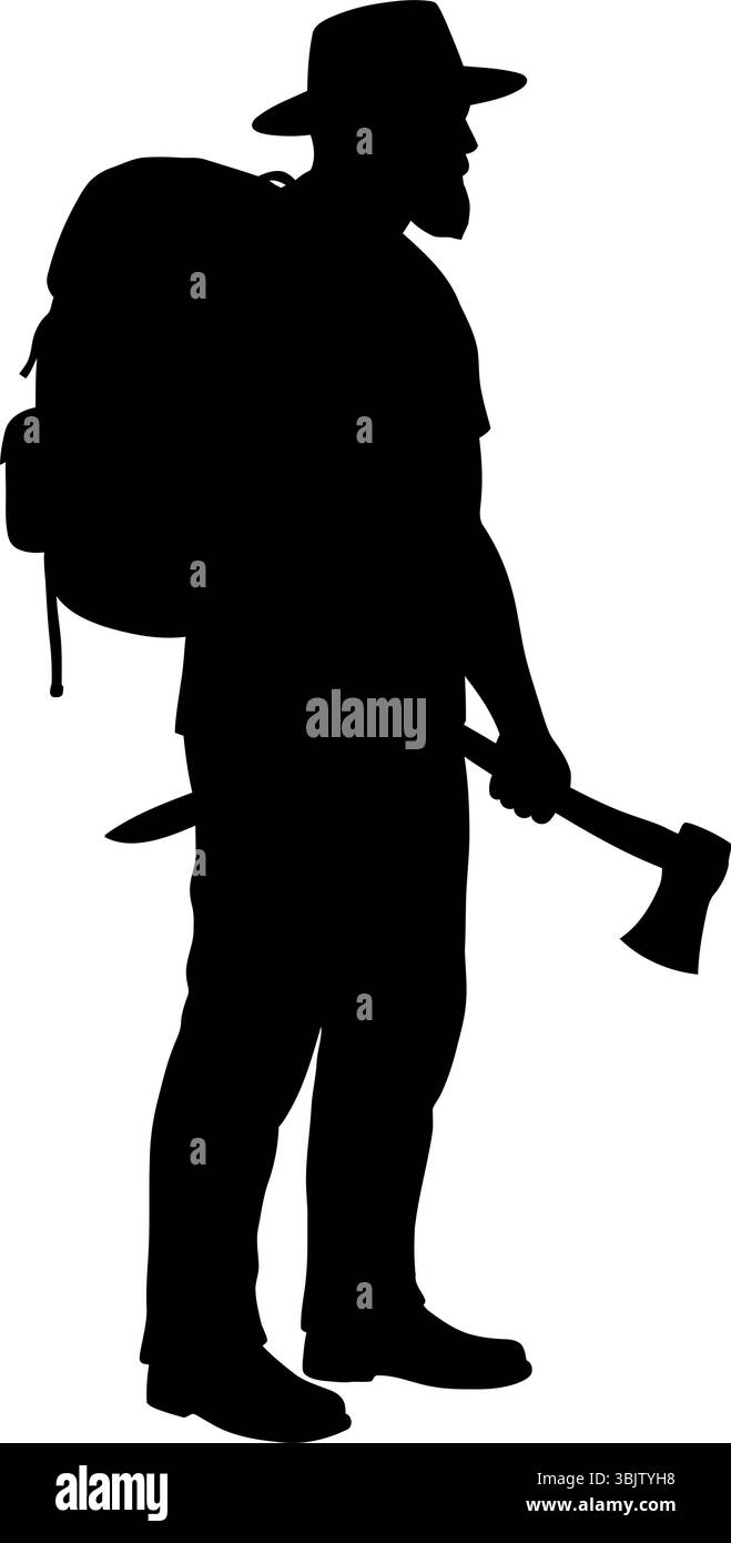 Silhouette man with backpack holds axe ready for outdoor adventure ...