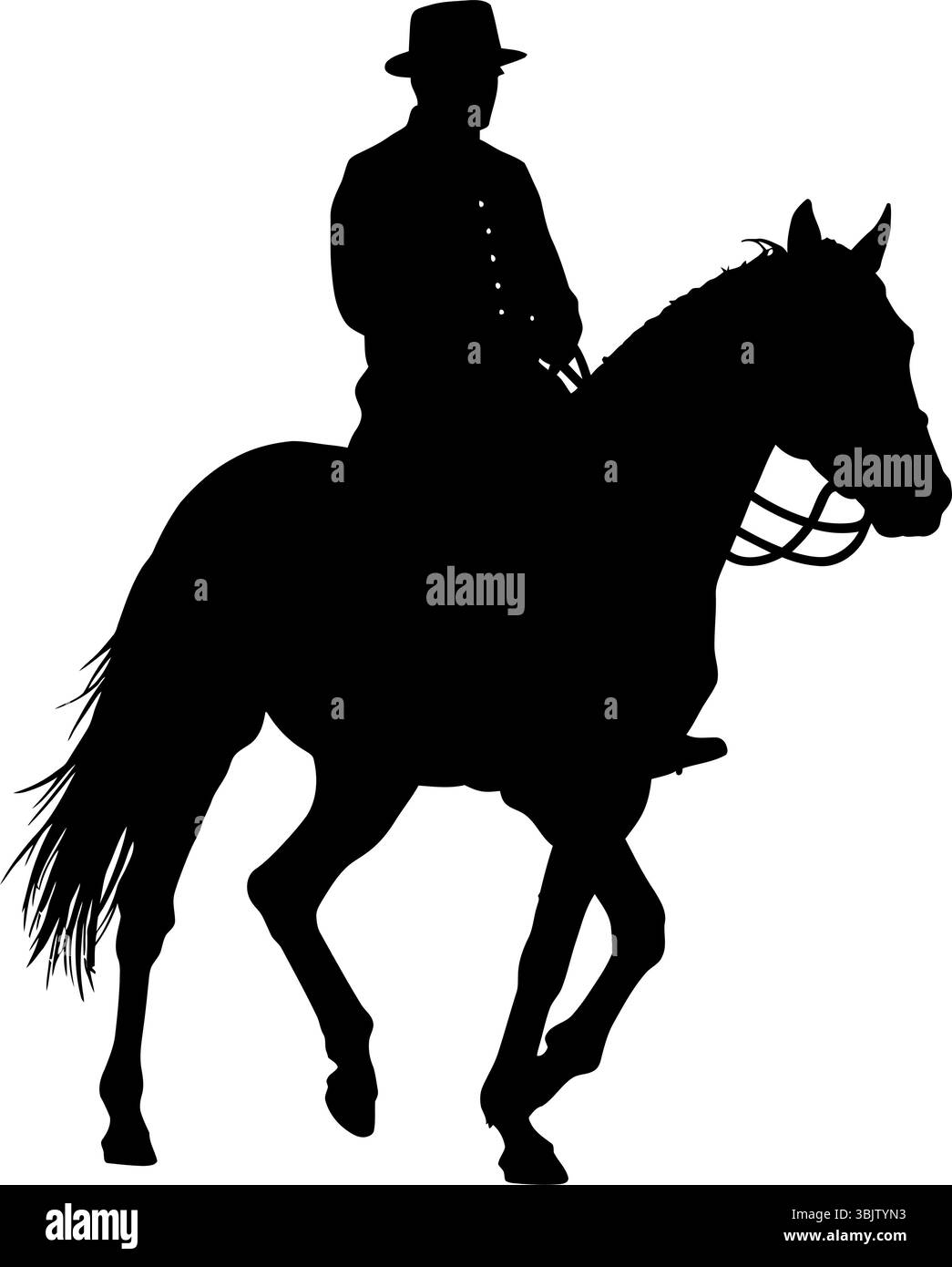 Horseback rider silhouette poses elegantly in profile against a white ...