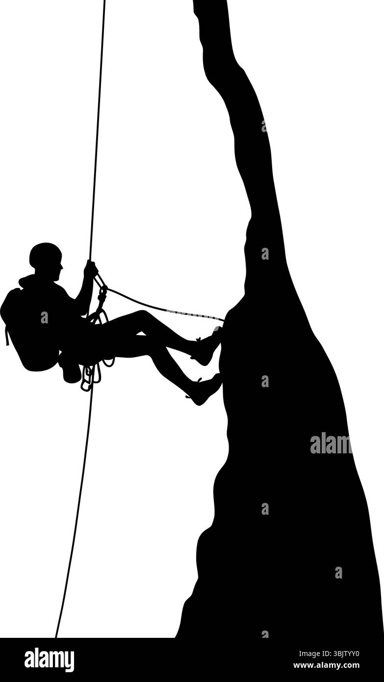 Climber rappels down a rock face using ropes and gear in silhouette ...