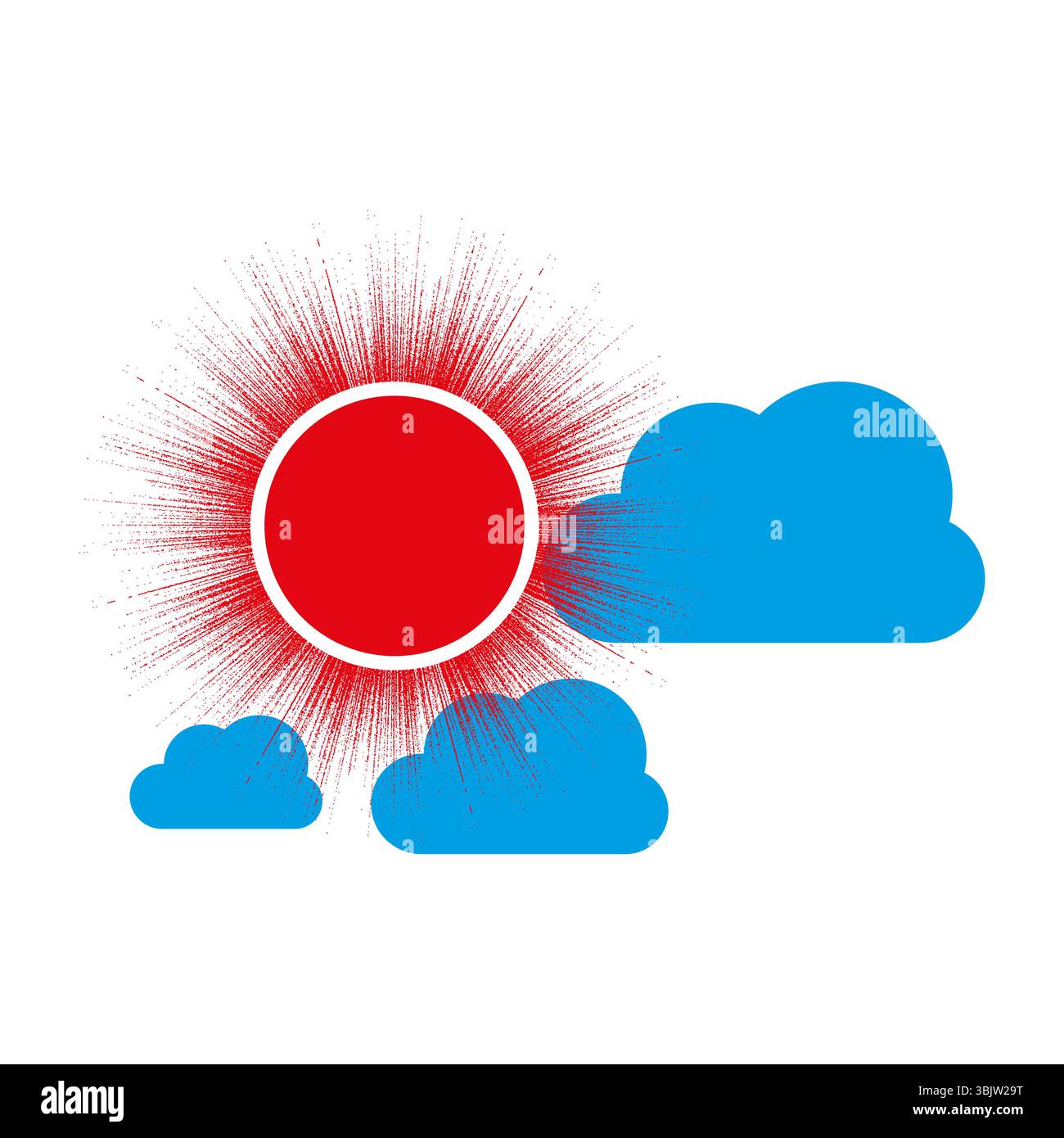 Red sun vector. Blue clouds shape. Radiating light burst. Bold flat ...