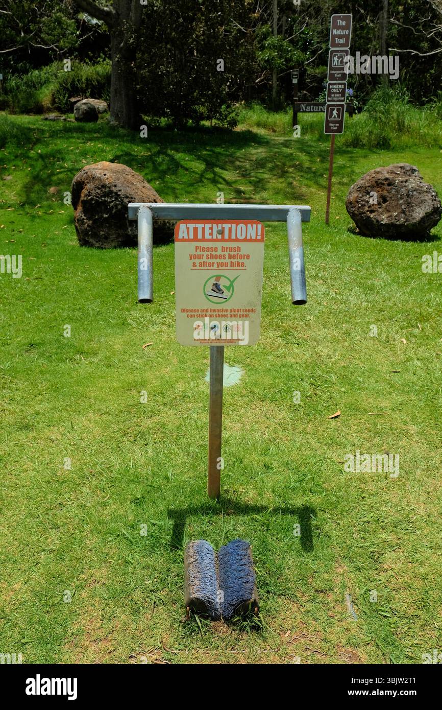Shoe sole brush station at Koke'e State Park in Kauai, Hawaii; used to ...