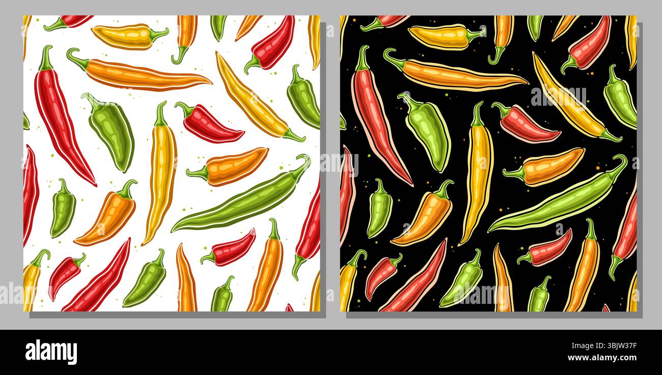 Vector Chili Pepper seamless patterns, two backgrounds with outline ...