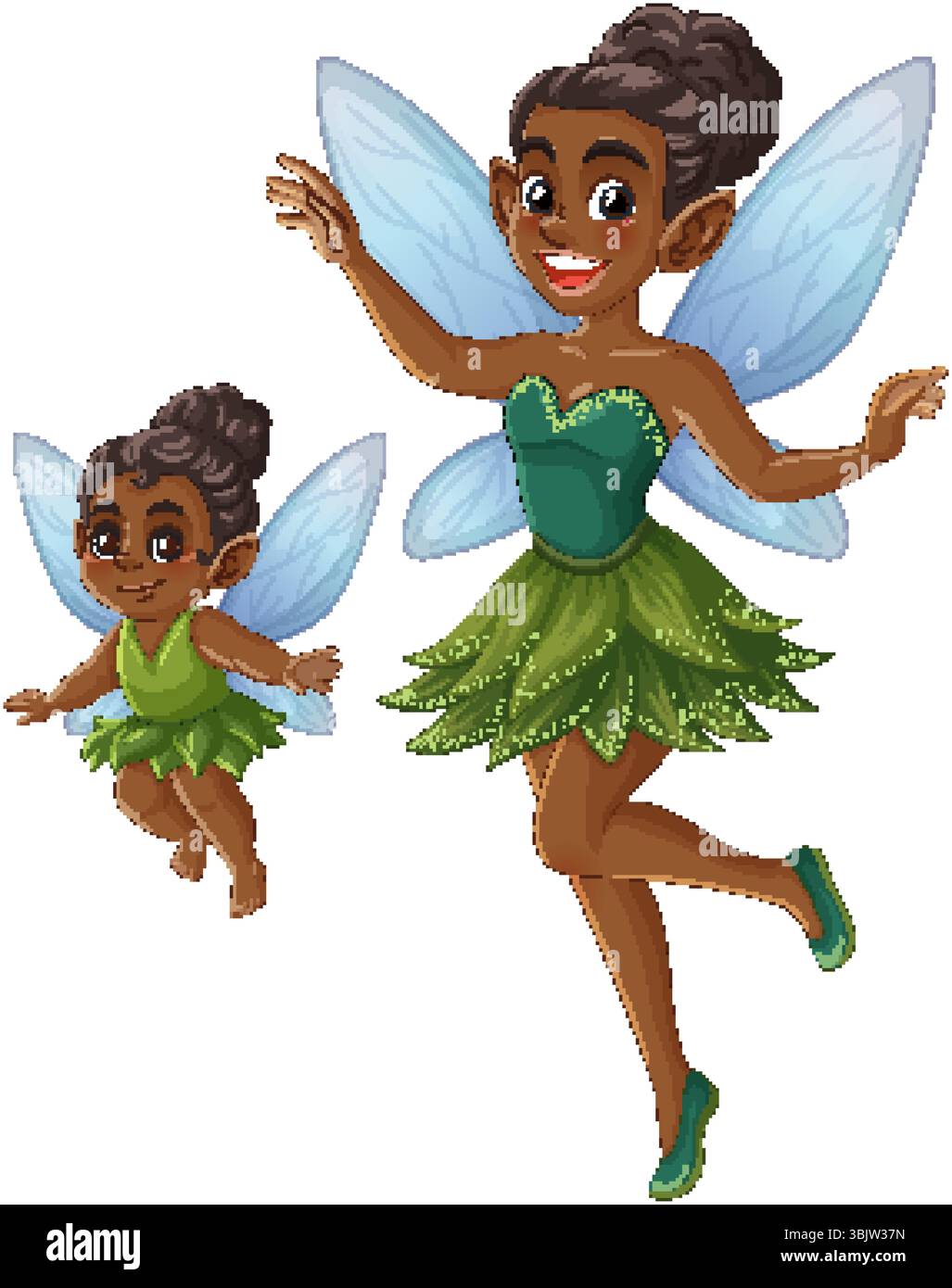 Two fairies with expressive faces and colorful wings in a playful ...