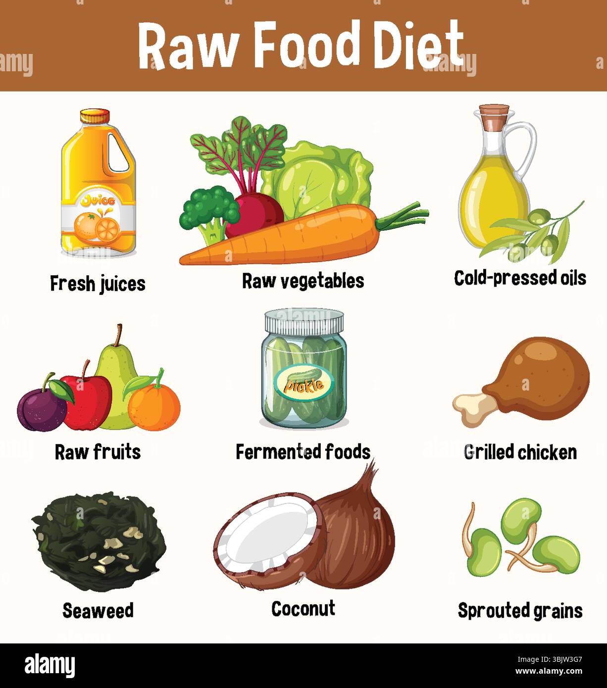 Colorful vector illustration highlighting key raw food diet components ...