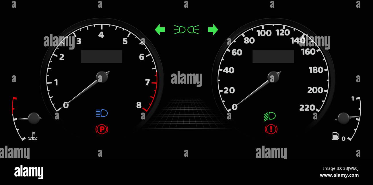 Car dashboard speedometer interface with glowing gauges showing speed ...