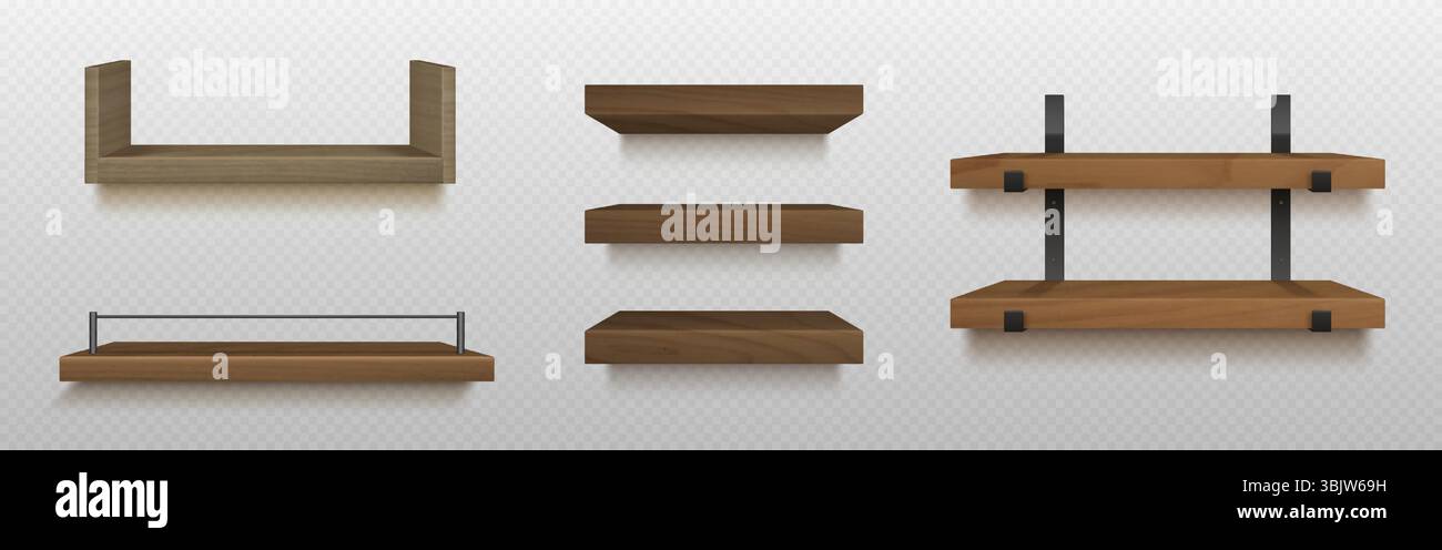 Wooden wall shelf collection - timber planks with metal brackets, brown ...