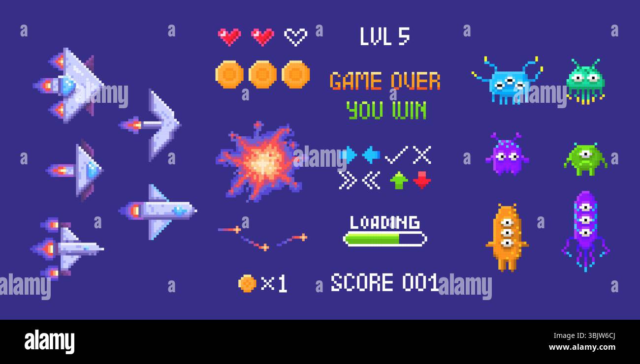 Space invader pixel game elements - retro arcade assets with spaceships, alien creatures, health ...