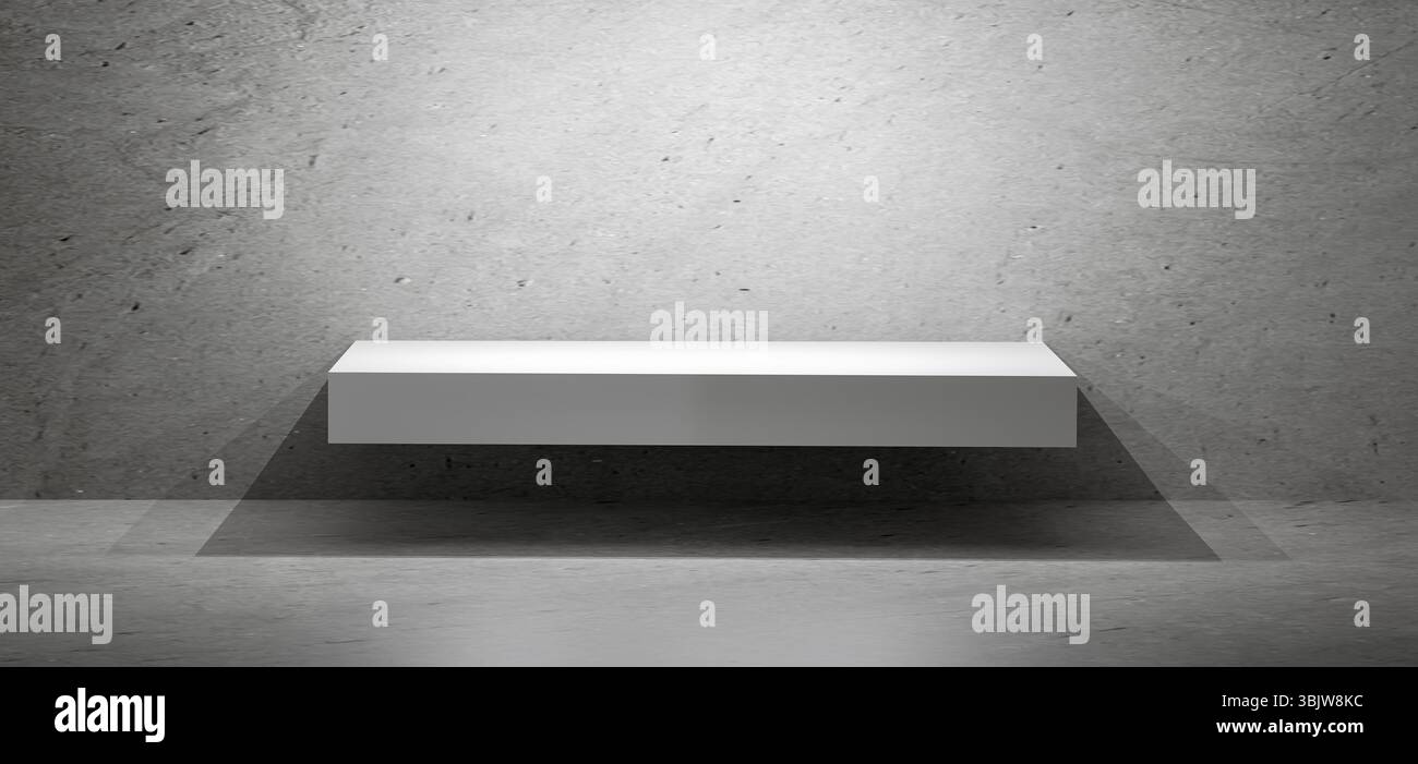 Sleek white rectangular podium floats with a sharp shadow on a textured ...