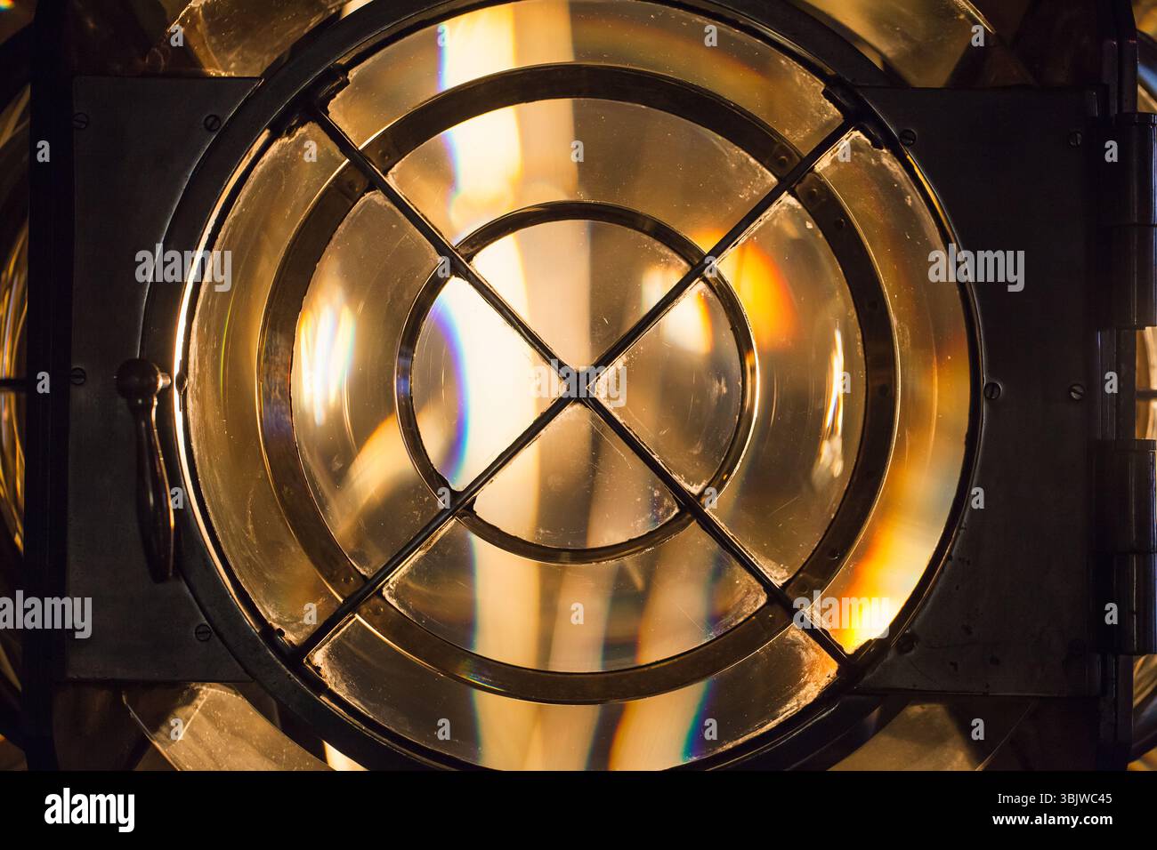 Detailed view showcasing a lighthouse Fresnel lens, capturing intricate ...